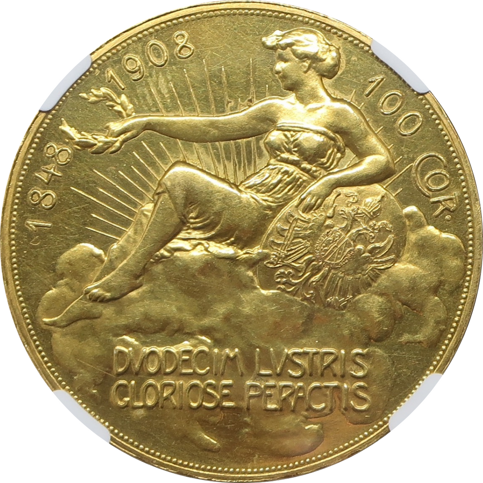 【60周年記念】1908 オーストリア 100コロナ金貨 雲上の女神 フランツ・ヨーゼフ1世 PF60 NGC – CoinBlessing